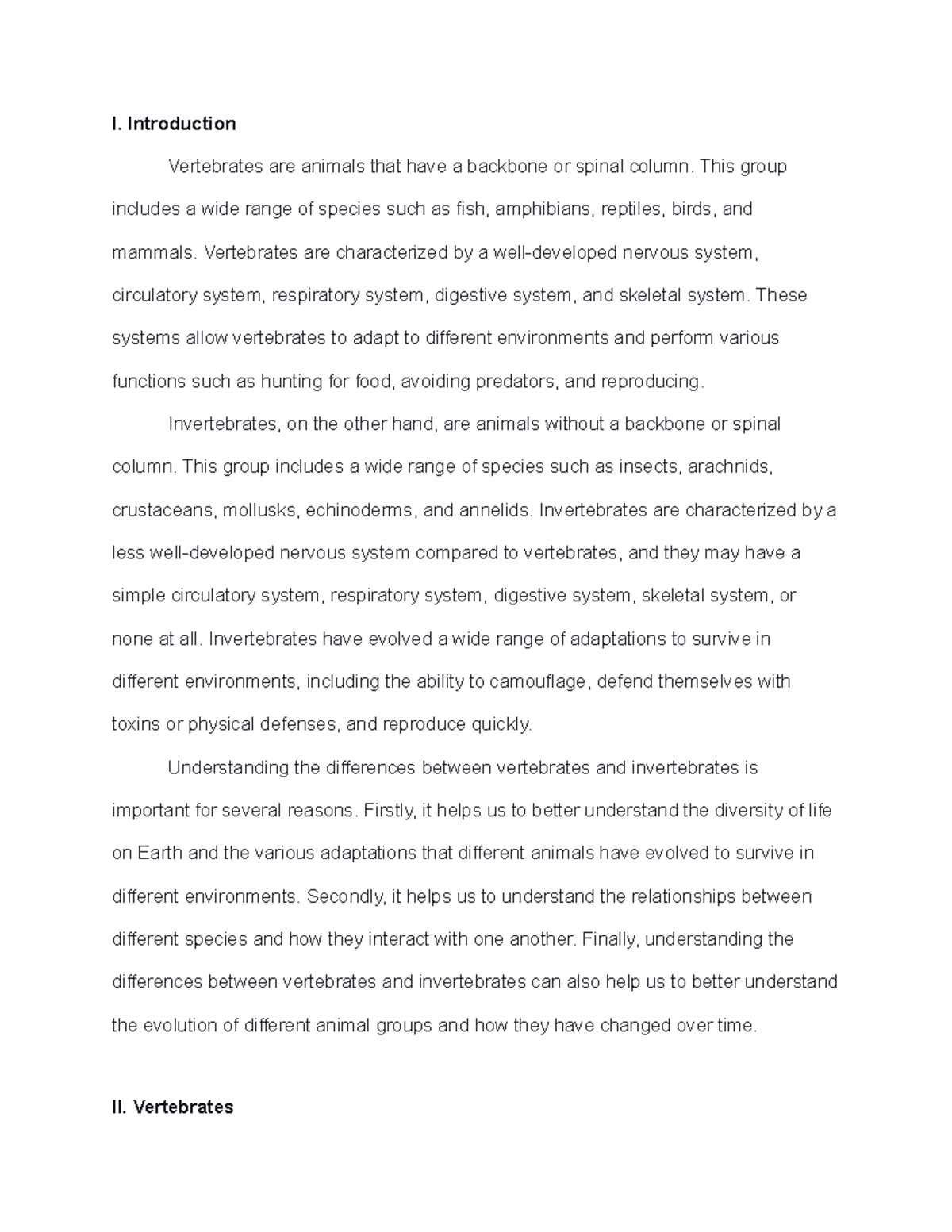 Vertebrate and Invertebrate Animals - I. Introduction Vertebrates are ...