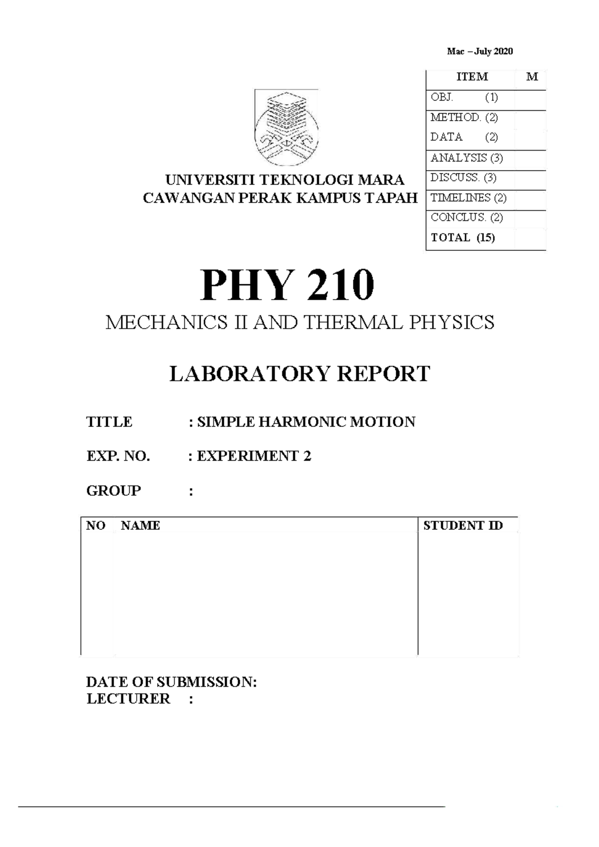 PHY210 Lab Report: Experiment 2 on Simple Harmonic Motion - Studocu