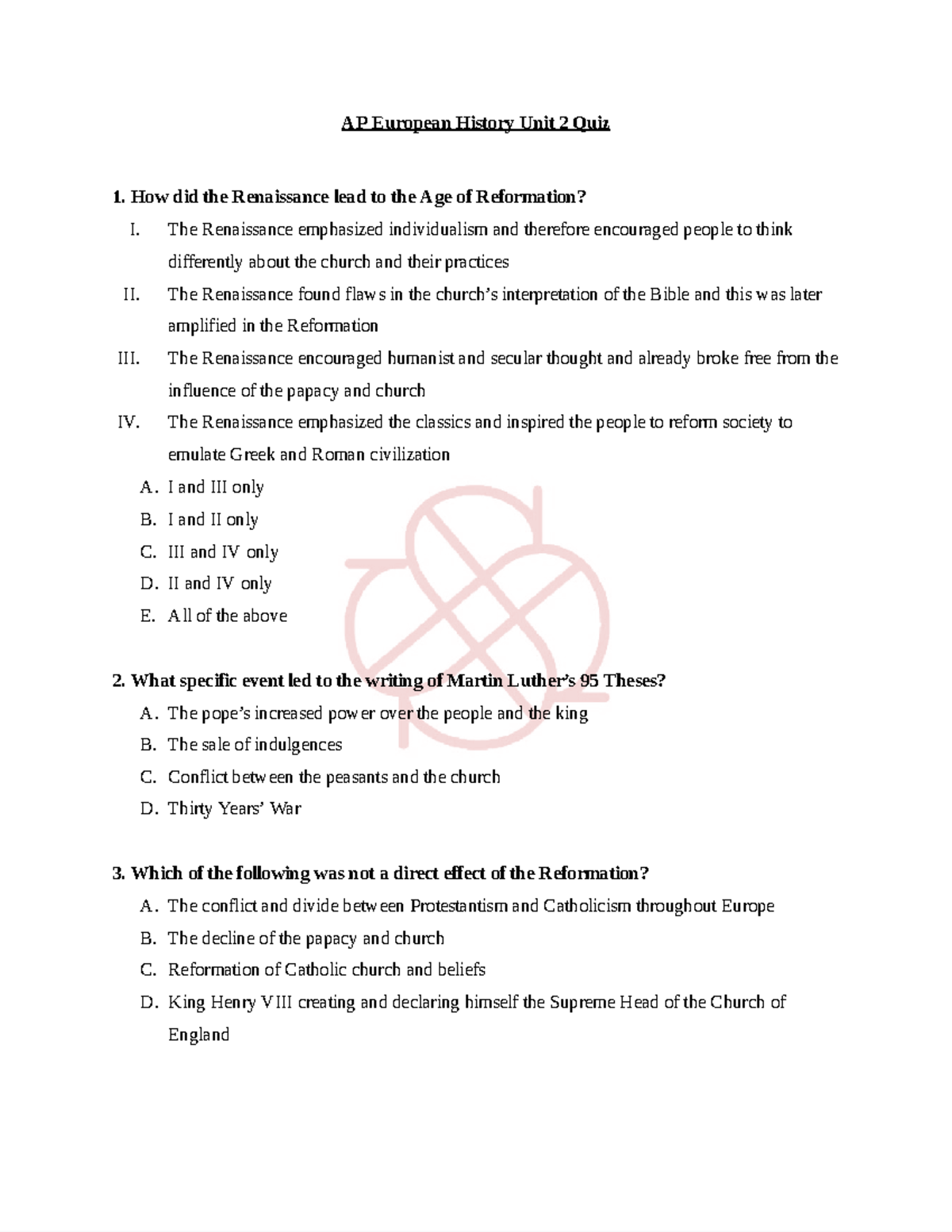 AP European History Unit 2 Quiz Practice: Renaissance & Reformation ...