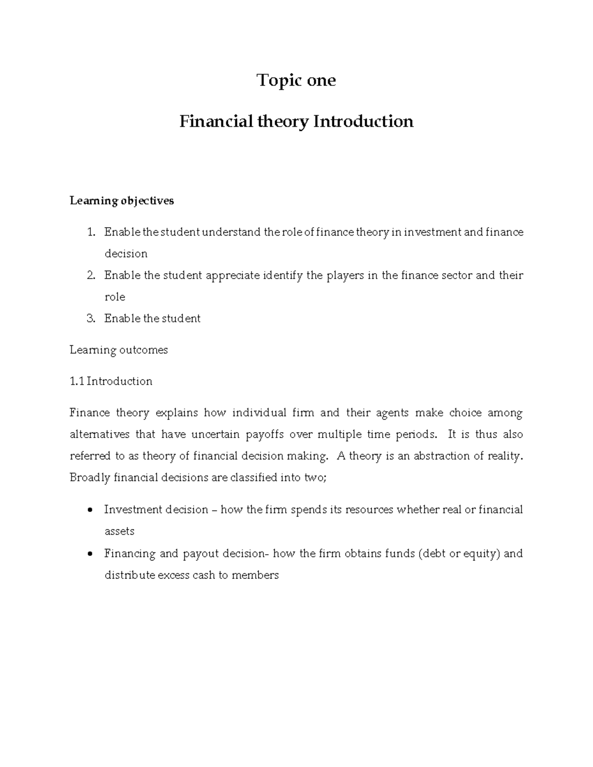 Financial Theory: Investment & Financing Decisions Overview (Fin 101 ...