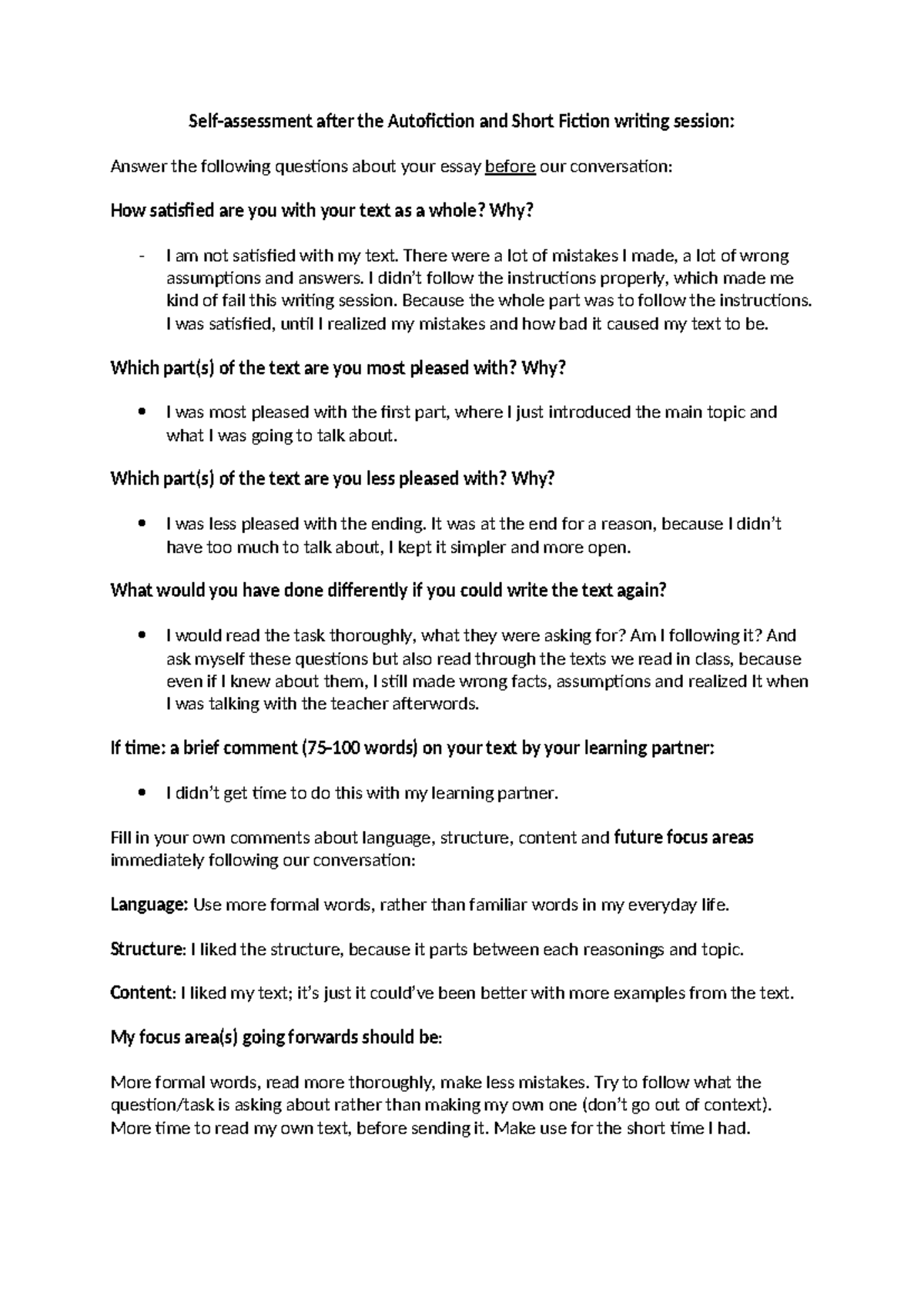 Autofiction & Short Fiction Writing Session - Reflection & Assessment ...