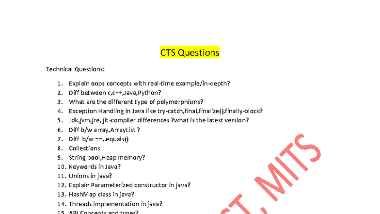 CTS Interview Questions: Technical, SQL, Coding & General Queries - Studocu