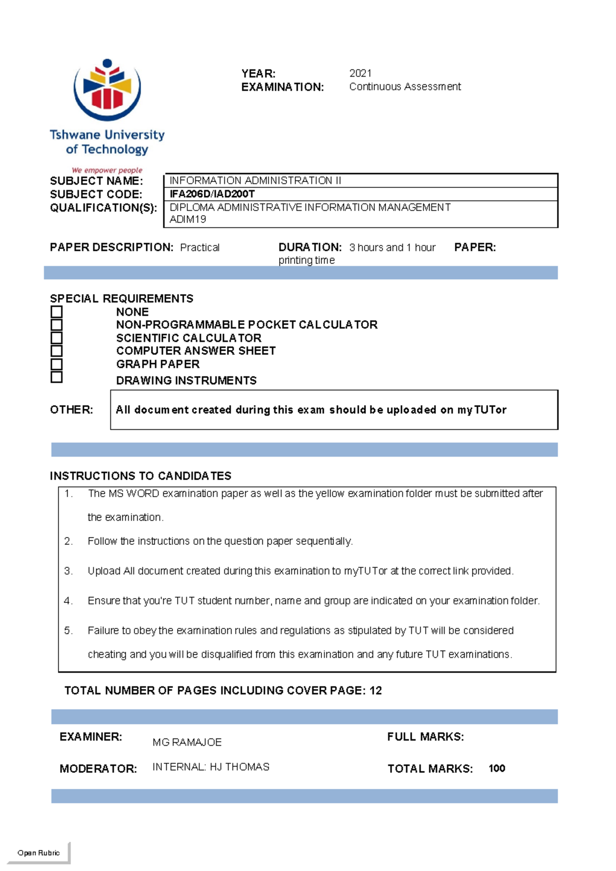 IFA206D Practical Exam Paper - MS Word - Admin Information II 2021 ...