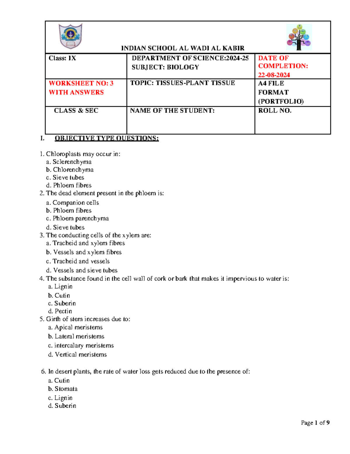Class IX Biology Worksheet on Plant Tissues with Answers - Studocu