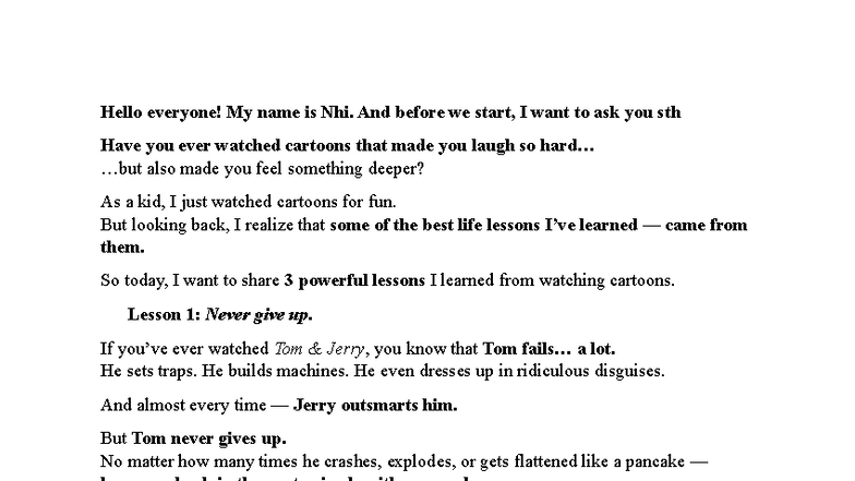 Final Presentation Script: Life Lessons from Cartoons - Studocu