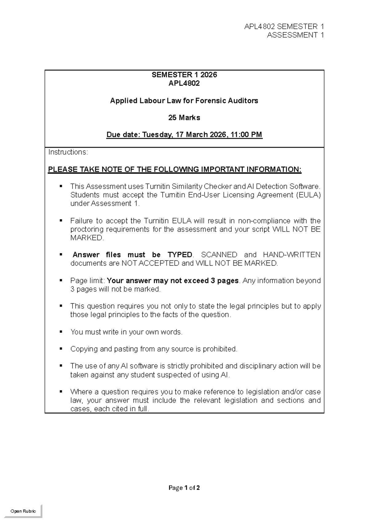 APL4802 Semester 1 Assessment 1: Applied Labour Law Guidelines - Studocu