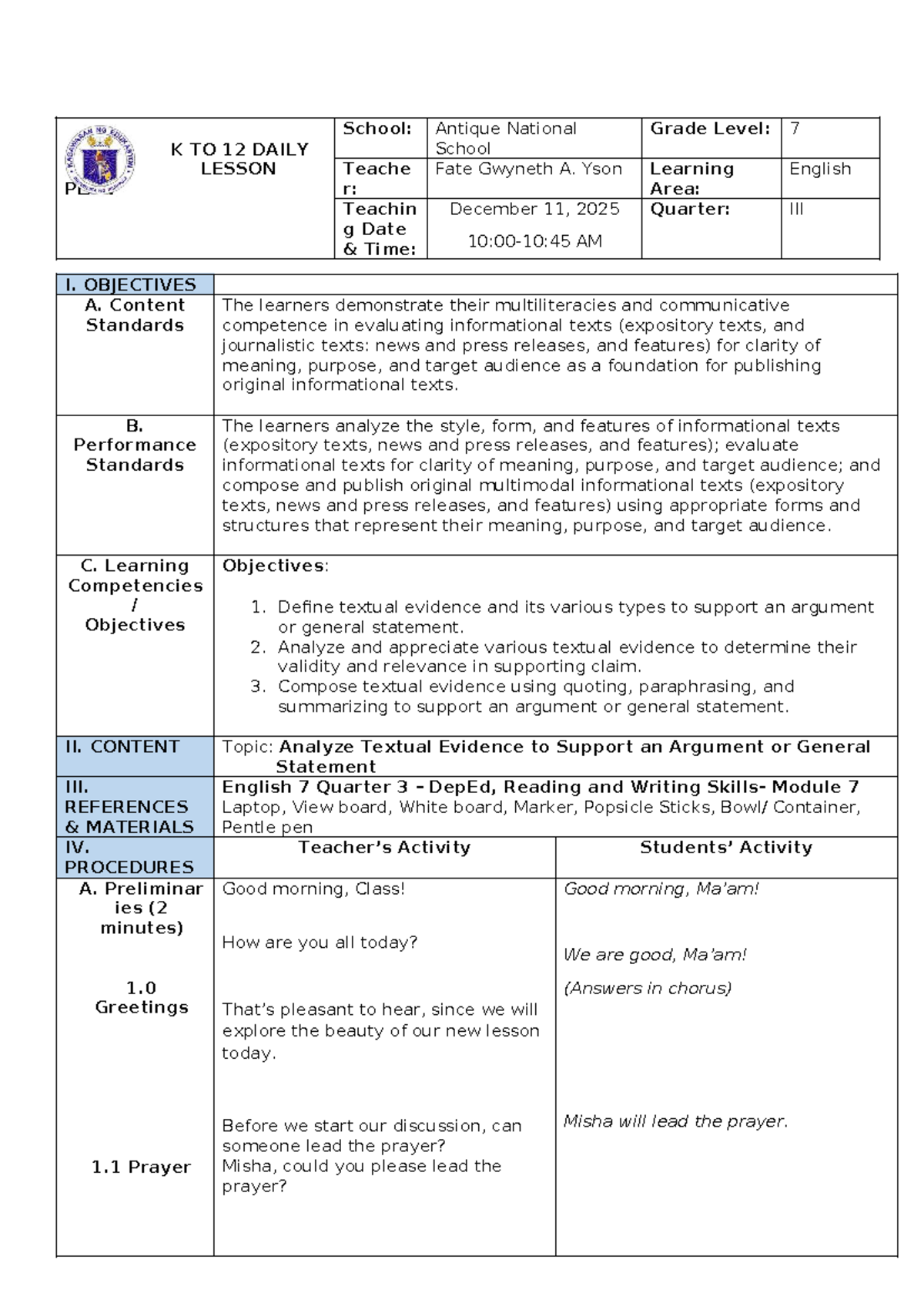 YSON English 7 Quarter 3 Lesson: Analyzing Textual Evidence - Studocu