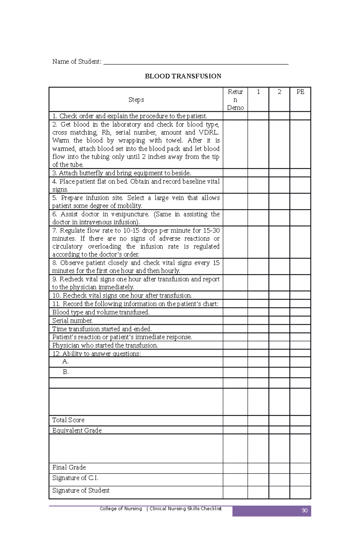 Blood Transfusion - RLE Clinical Skills Checklist - Studocu