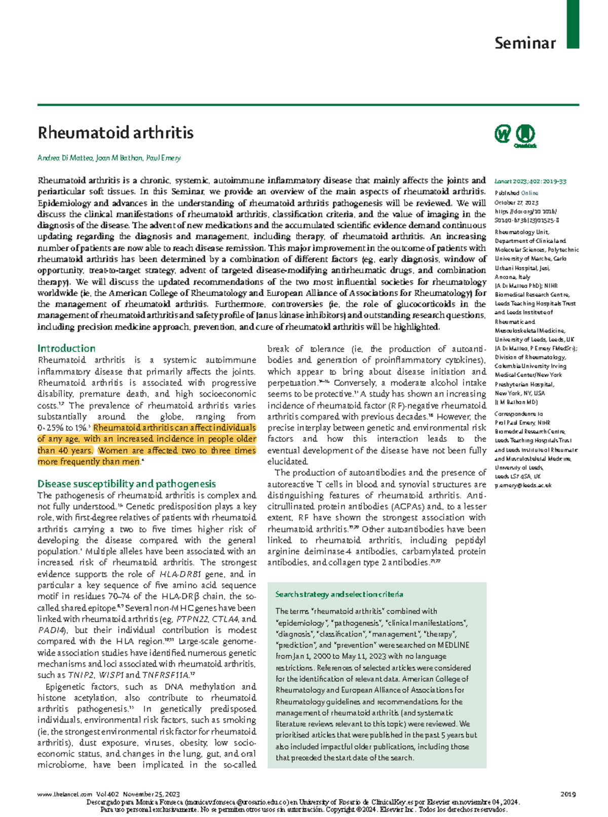 Rheumatoid Arthritis Overview and Management: Insights from ACR/EULAR ...
