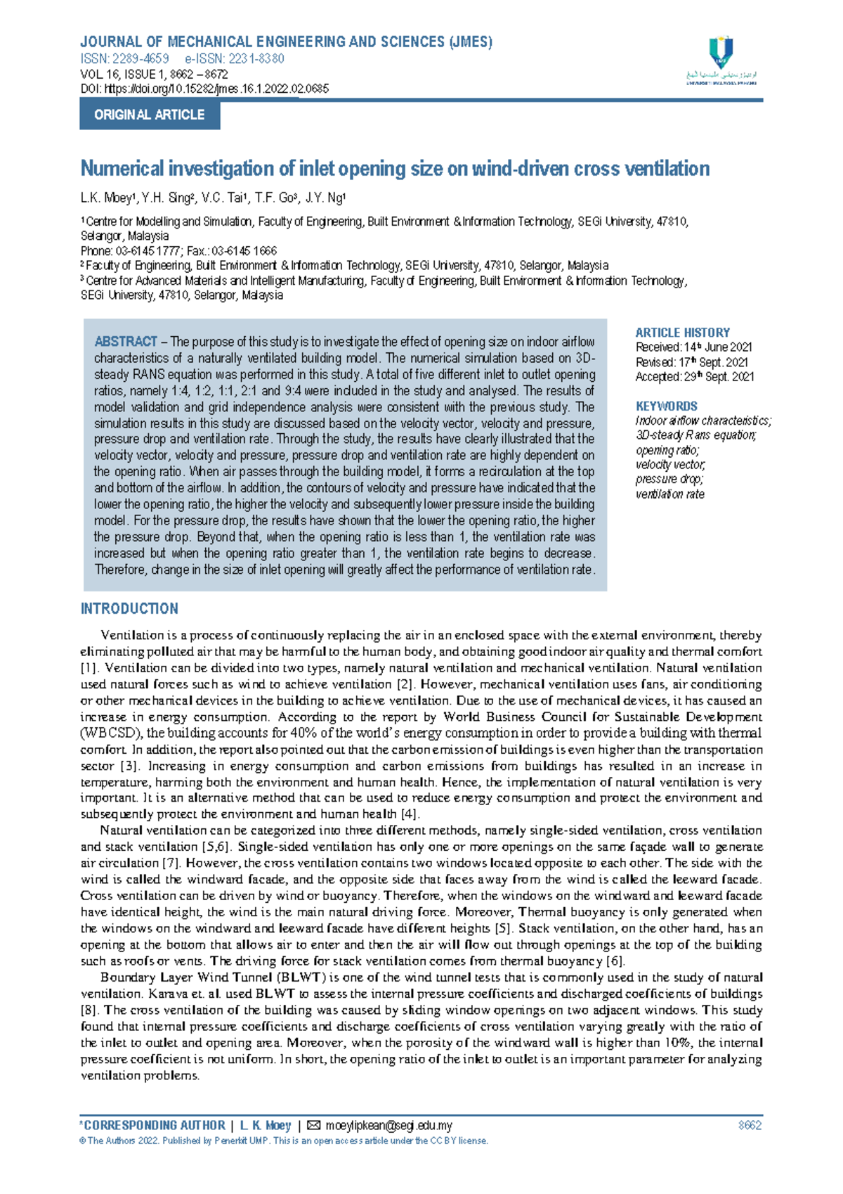 Numerical Study on Inlet Opening Size for Wind-Driven Cross Ventilation ...