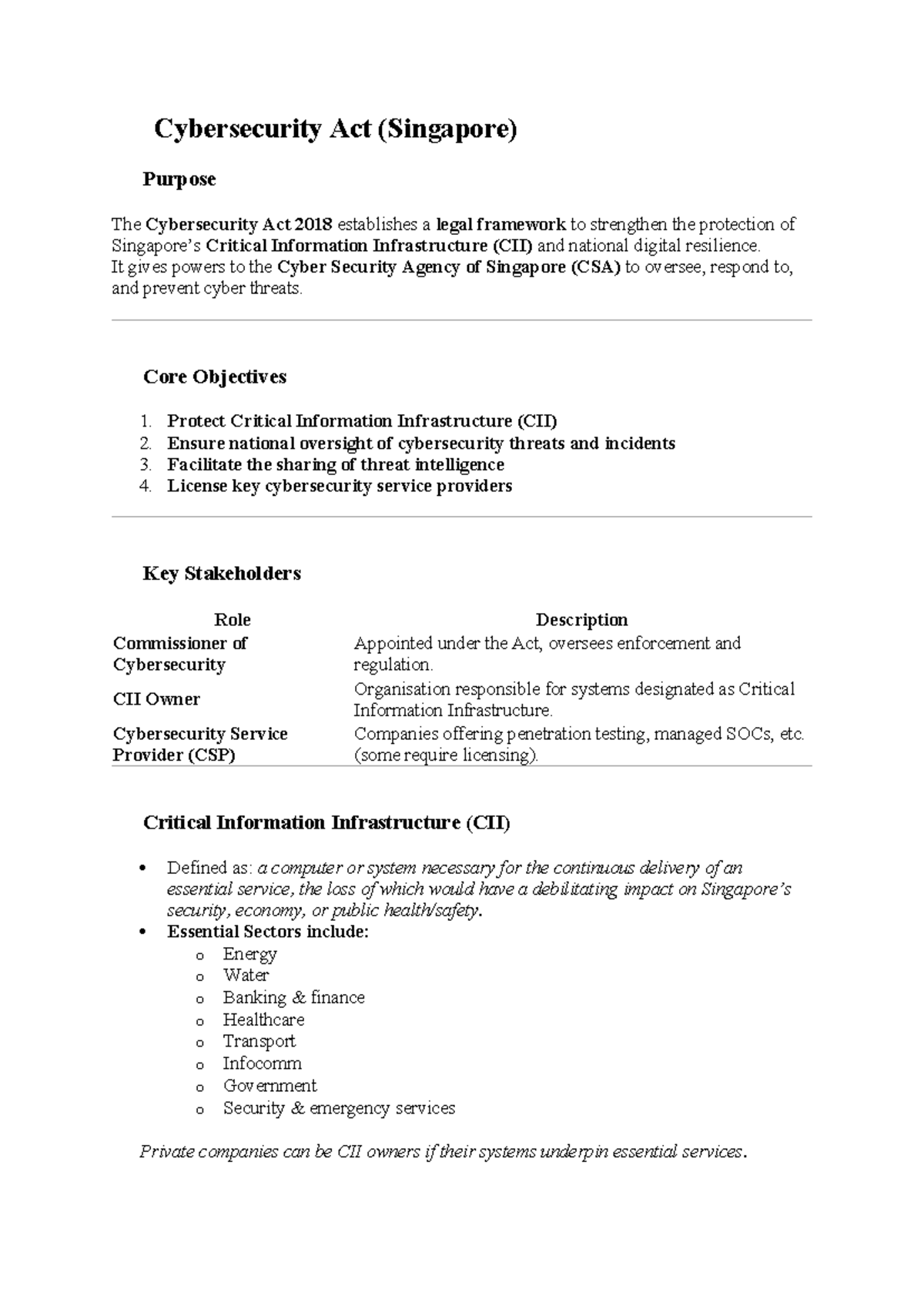 Cybersecurity Act (Singapore) Overview and Key Provisions - Studocu