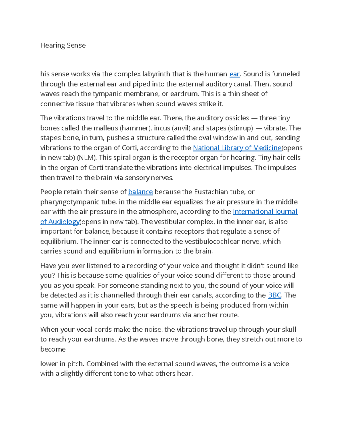 Document 5 - Hearing Part 1 - Hearing Sense his sense works via the ...