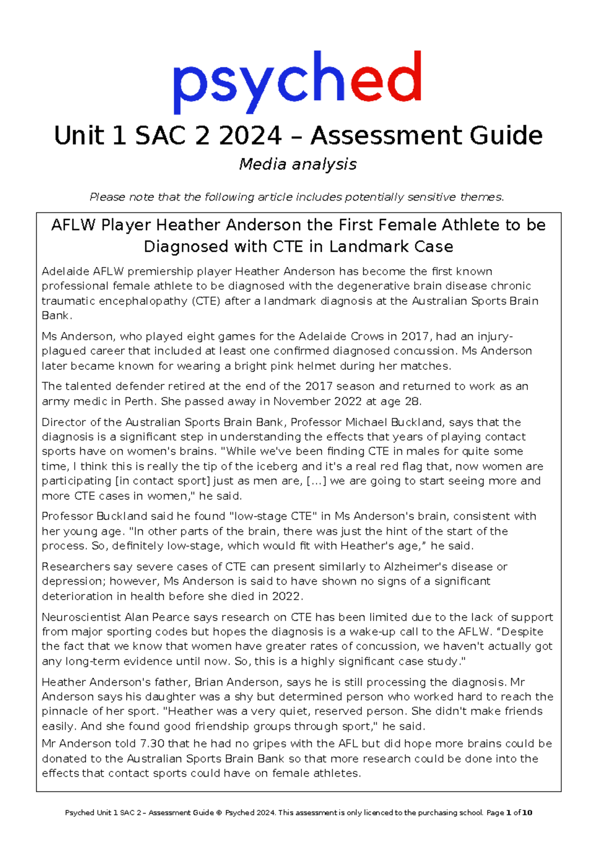 Psyched Unit 1 SAC 2 2024 - Media Analysis on CTE in Female Athletes ...