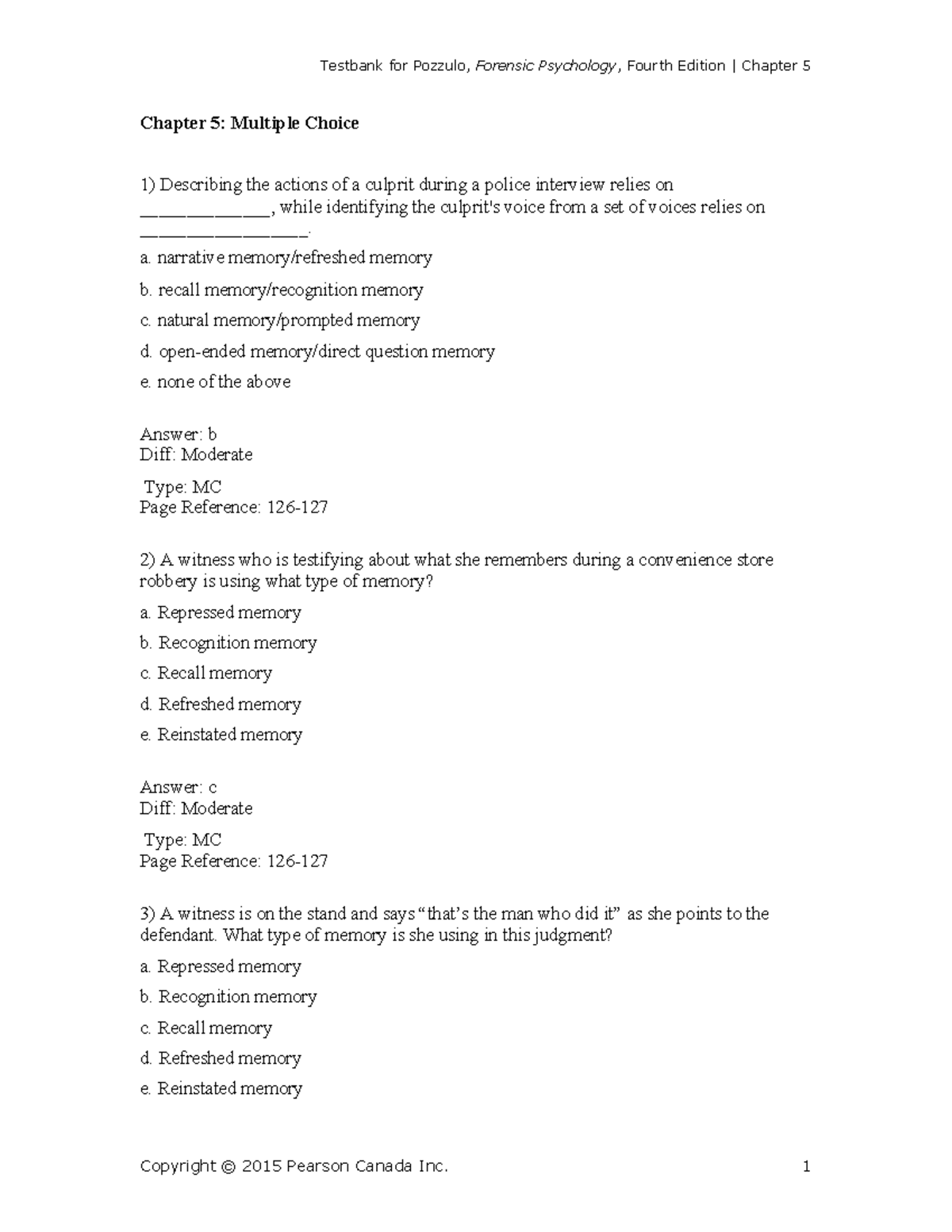 Testbank for Pozzulo, 4th Ed: Chapter 5 Eyewitness Memory MCQs - Studocu