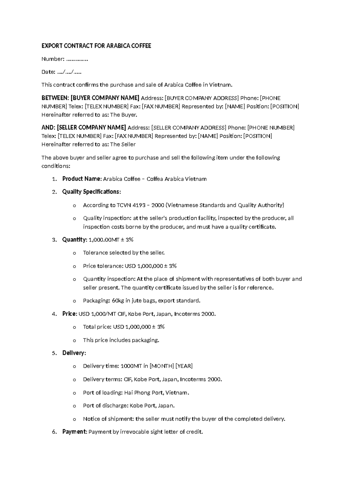 Export Contract FOR Arabica Coffee - EXPORT CONTRACT FOR ARABICA COFFEE ...