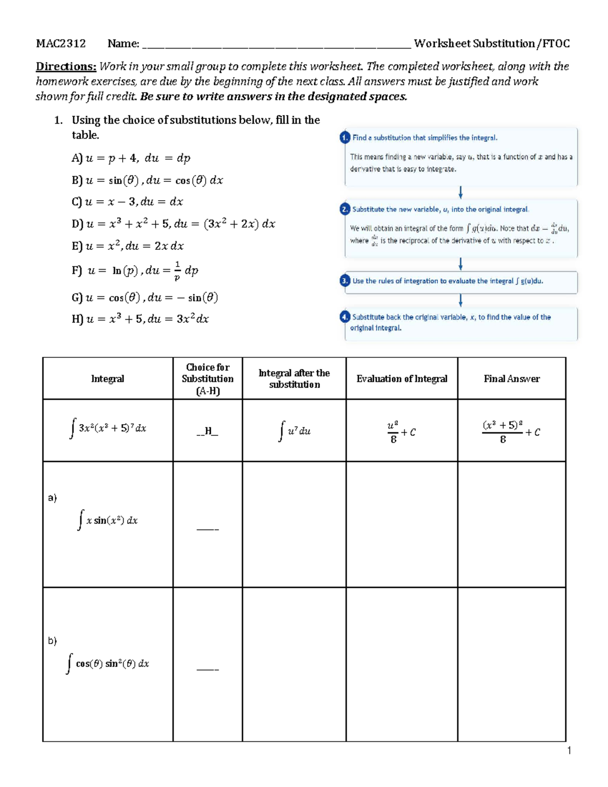 MAC2312 Worksheet: Integration Techniques and Substitution Methods ...