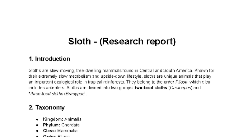 Sloth - (Research report) - Introduction Sloths are slow-moving, tree ...