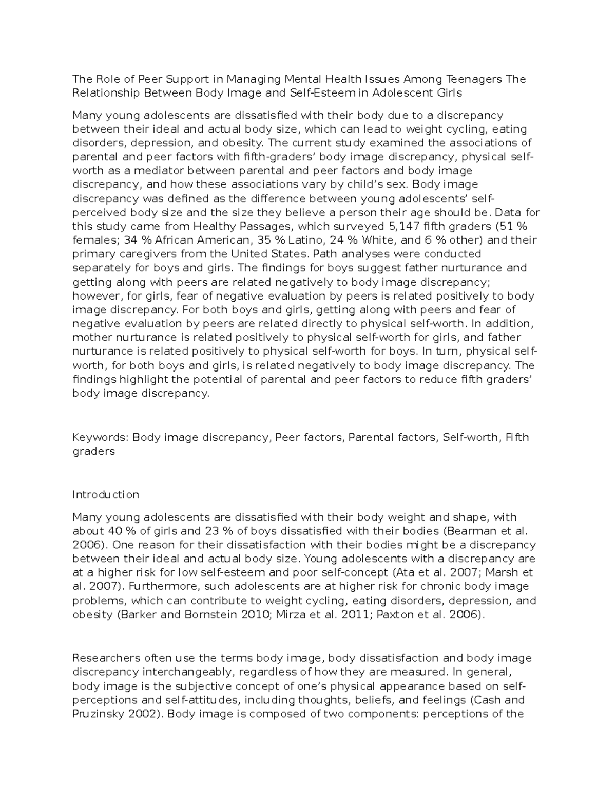 Peer Support and Body Image Discrepancy in Adolescents: Insights from ...