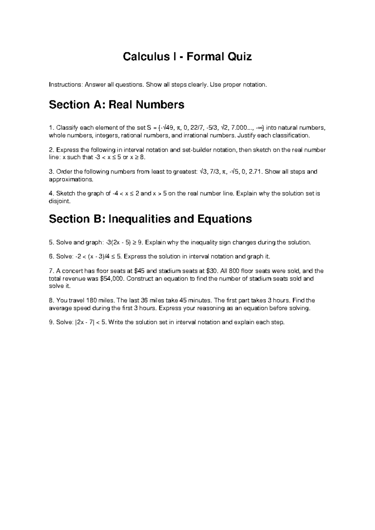Calculus I Quiz - Introductory Test Instructions and Solutions - Studocu