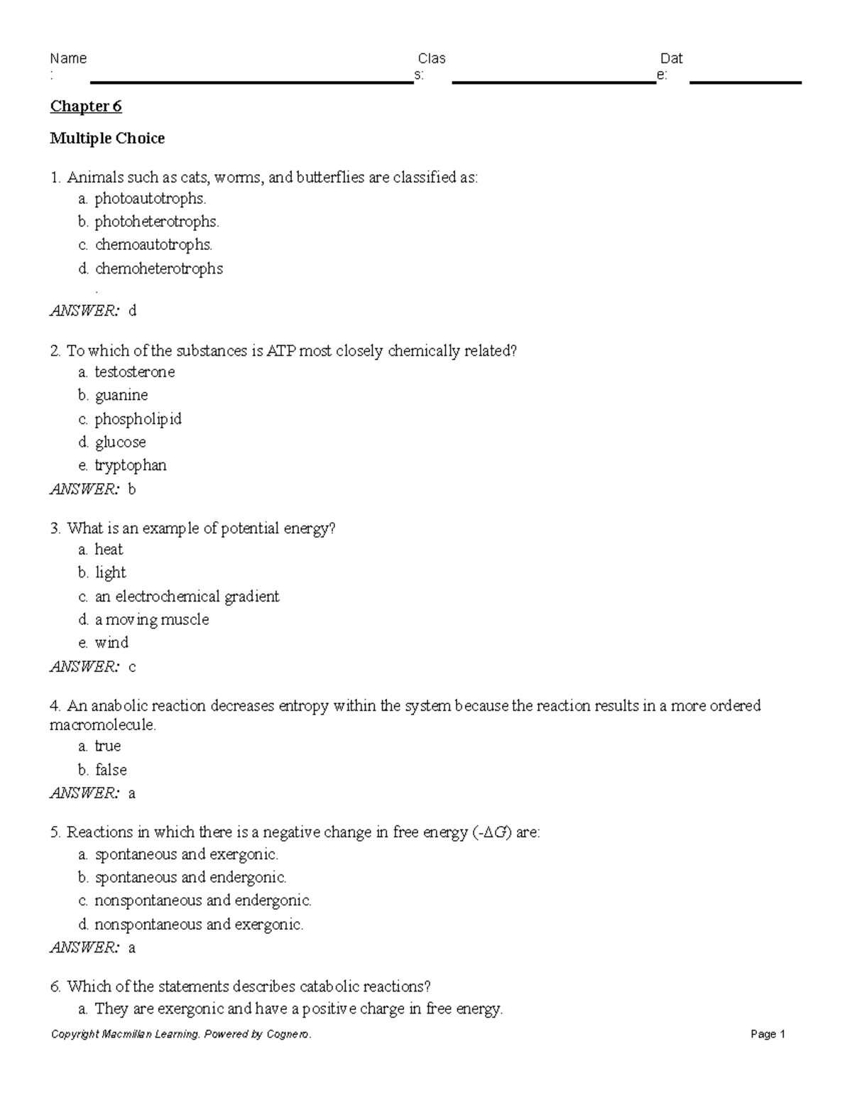Chapter 6 - Practice test - : s: e: Chapter 6 Multiple Choice Animals ...