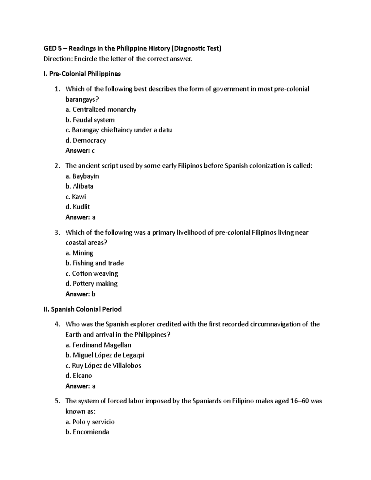 GED 5 Readings in Philippine History - Diagnostic Test Answers - Studocu