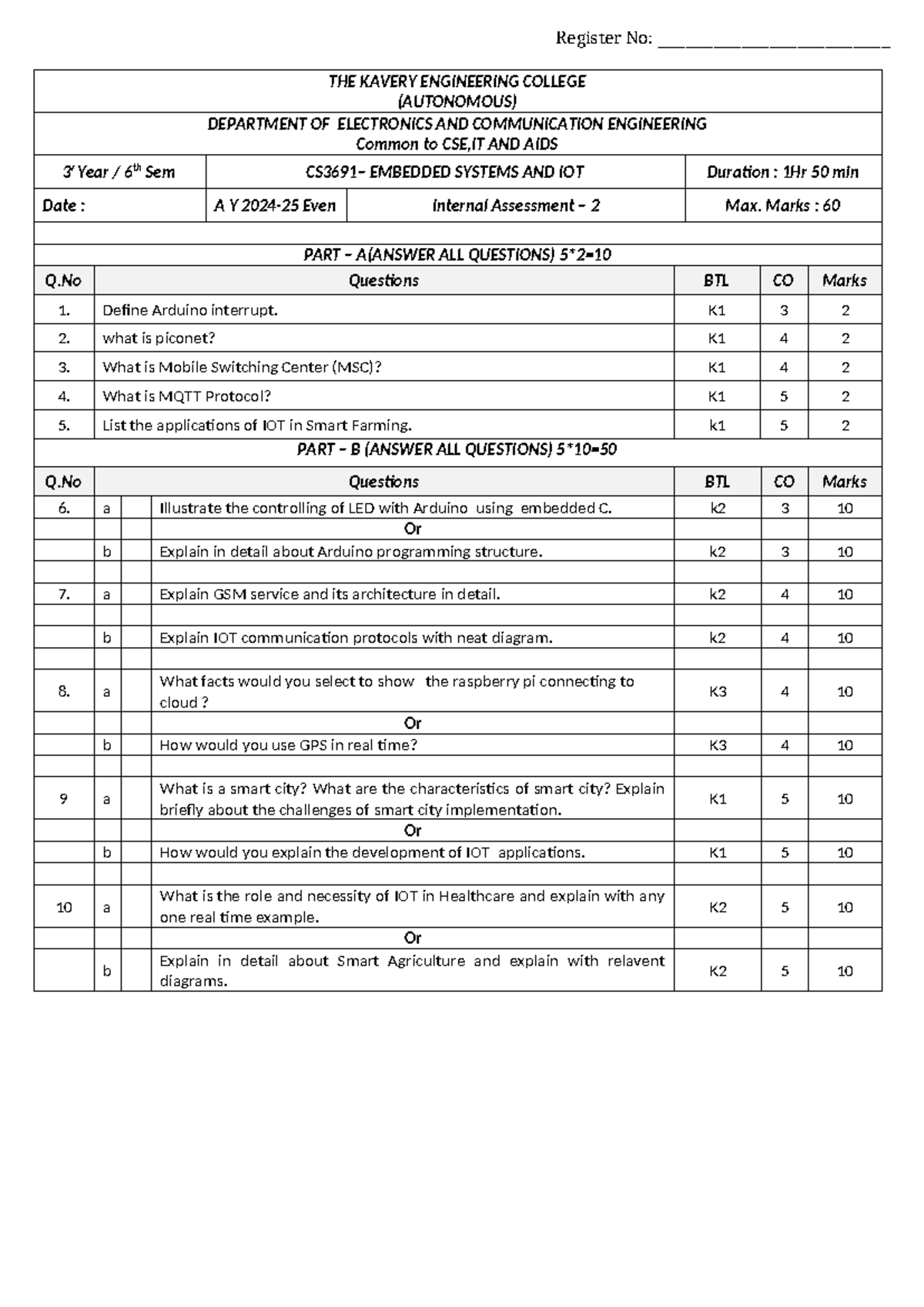 IAT-2 QP ECE 3rd Year 6th Sem Embedded Systems & IoT Internal Assessment - Studocu