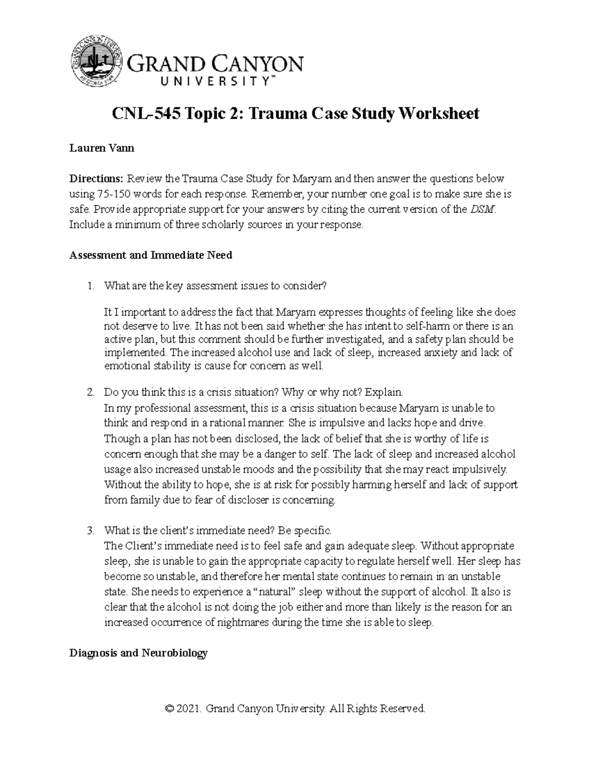 CNL 545 RS T2 Trauma Case Study Worksheet - CNL-545 Topic 2: Trauma ...