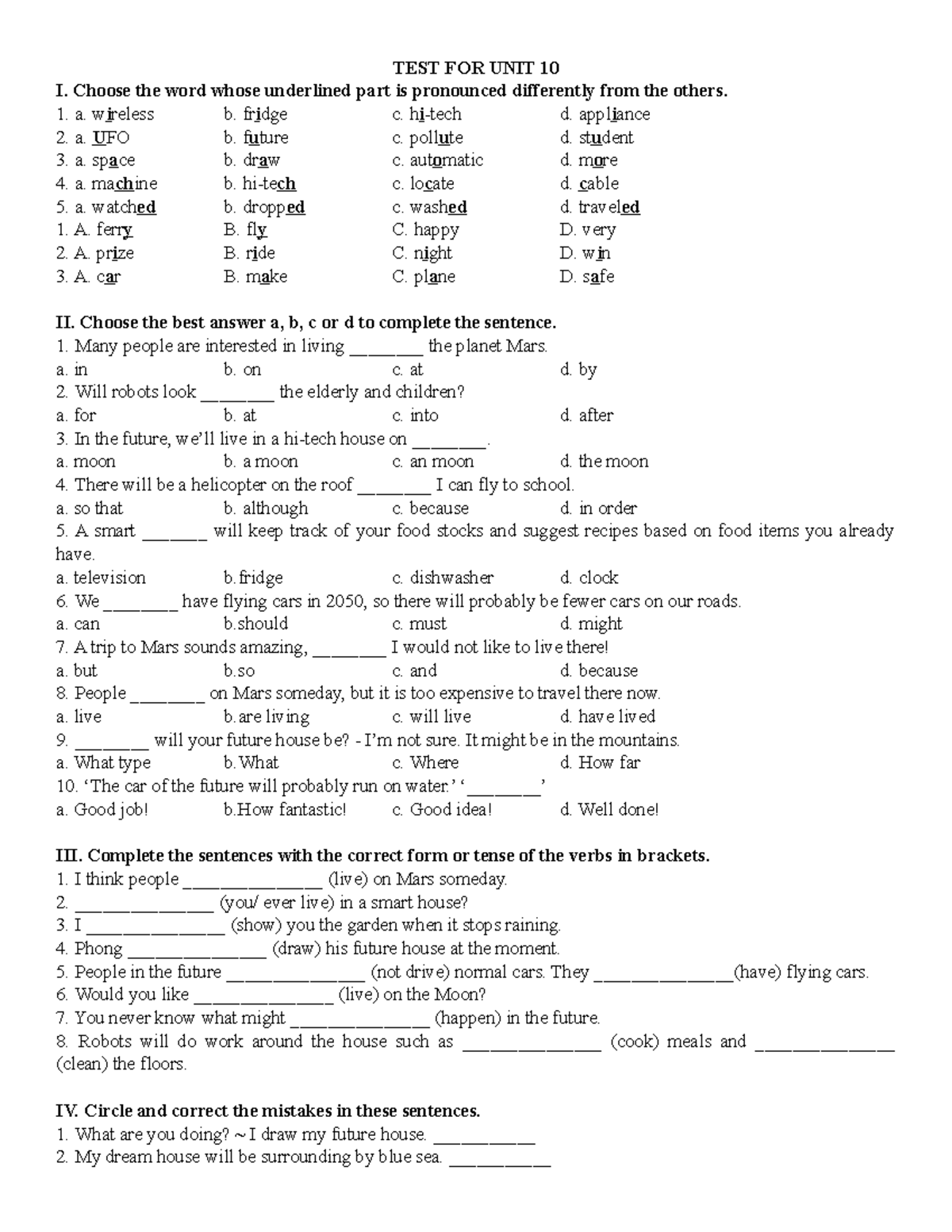 TEST FOR UNIT 10 - Pronunciation and Grammar Exercises - Studocu
