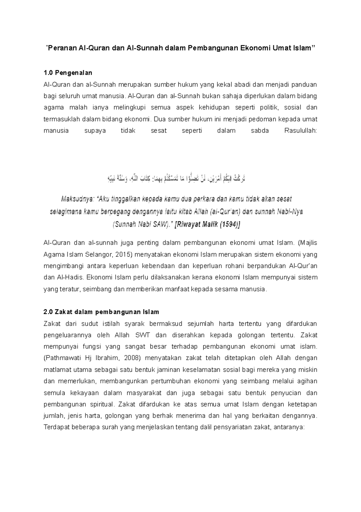 Peranan Al-Quran dan Al-Sunnah Dalam Pembangunan Ekonomi Umat Islam - Pendidikan Islam - Studocu