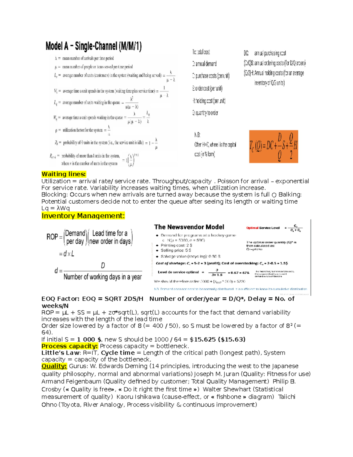 Cheat Sheet OM: Key Concepts in Operations Management and Forecasting ...