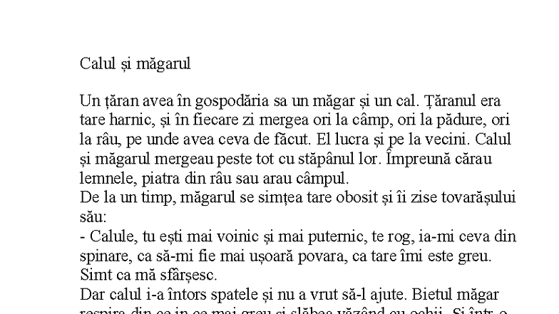 Calul și măgarul - Proiect de poveste morală - Studocu