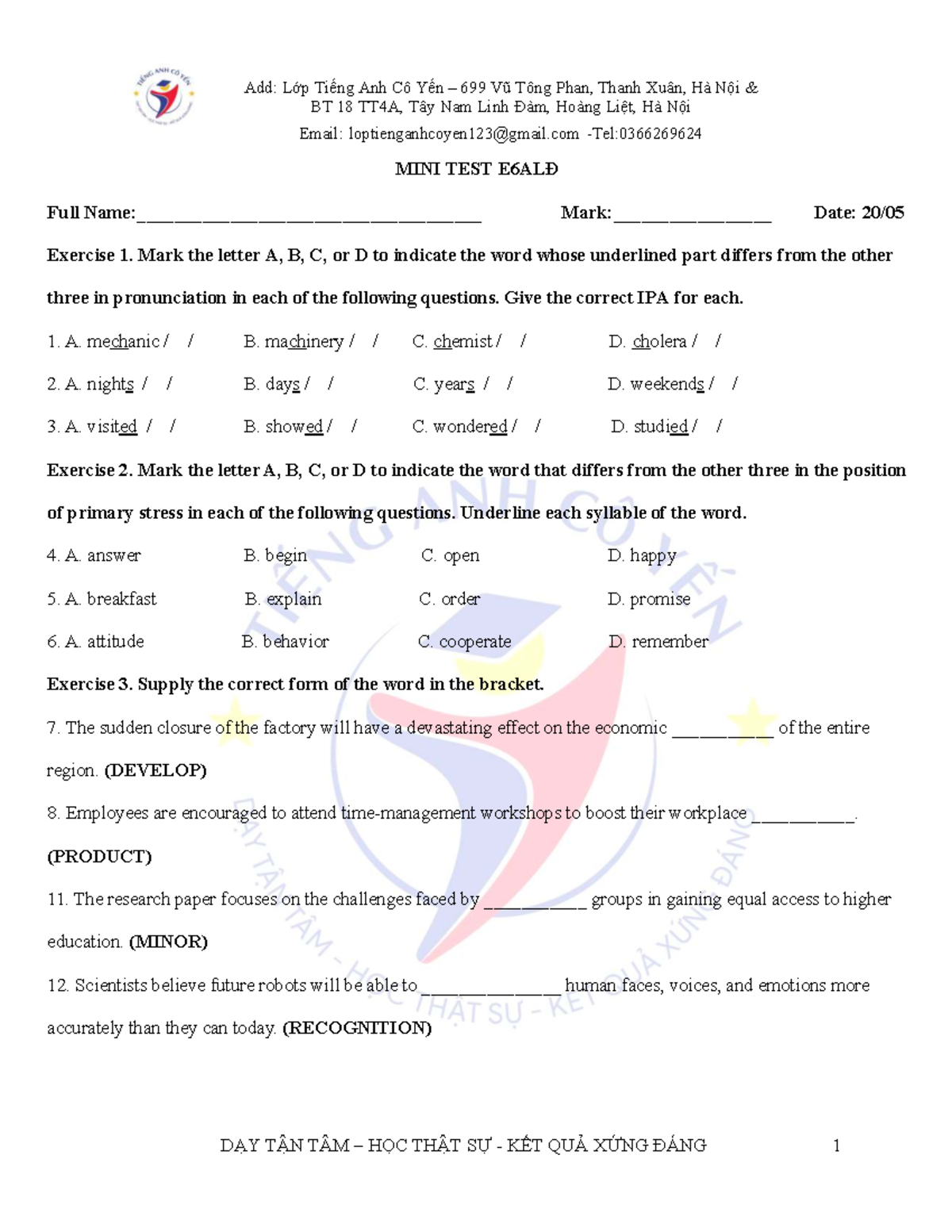 MINI TEST E6ALÐ - English Class Exercises and Pronunciation Practice ...