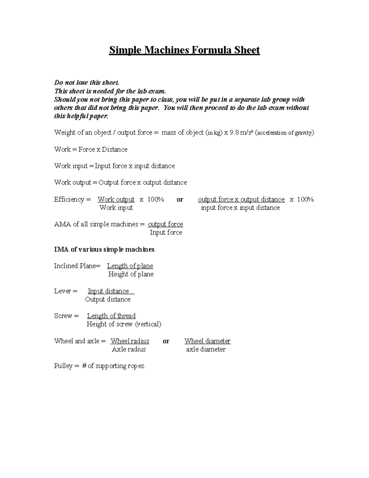 Simple Machines Lab Exam Formula Sheet - Studocu