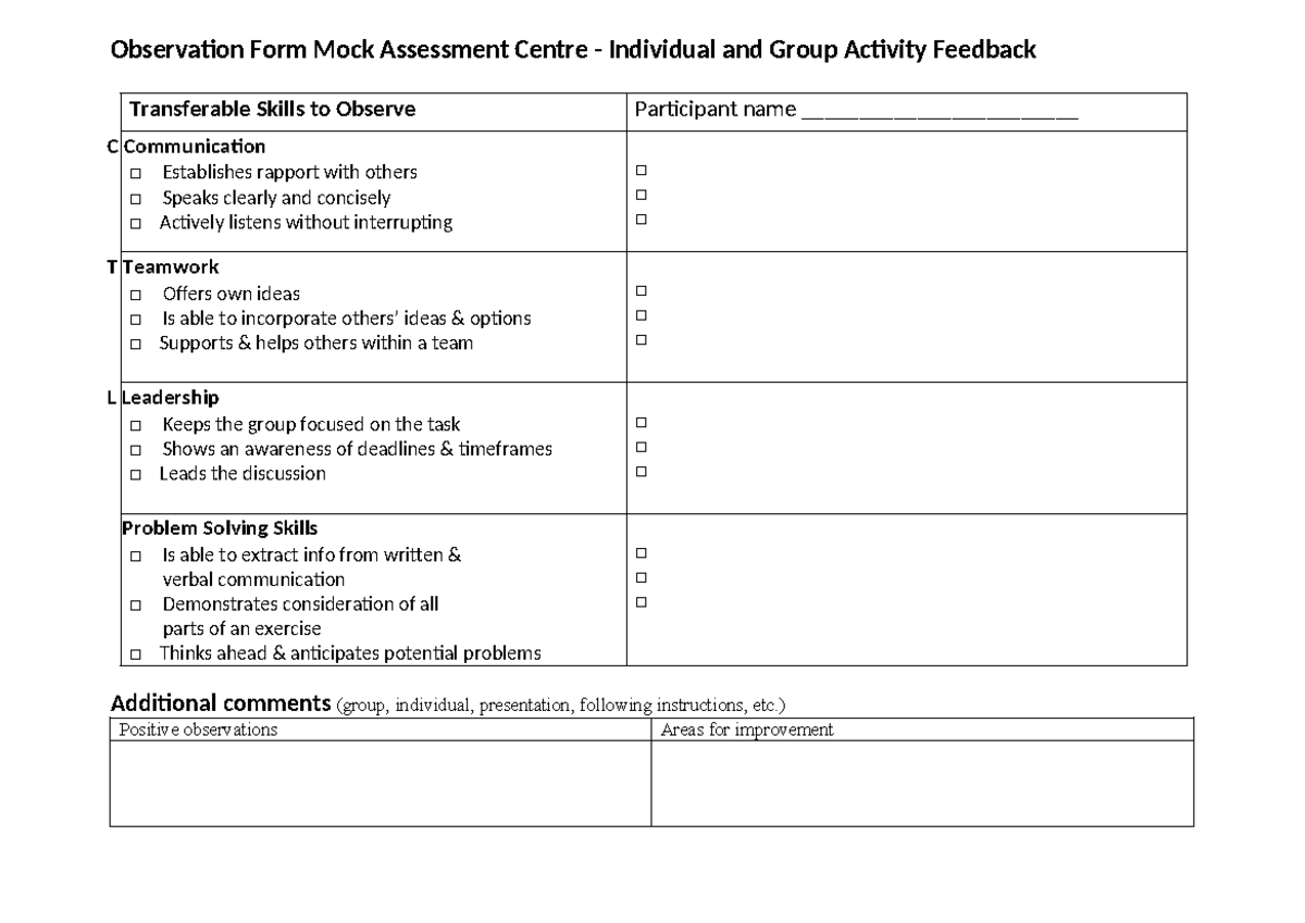 Workshop wk3 peer observation form - Observation Form Mock Assessment ...