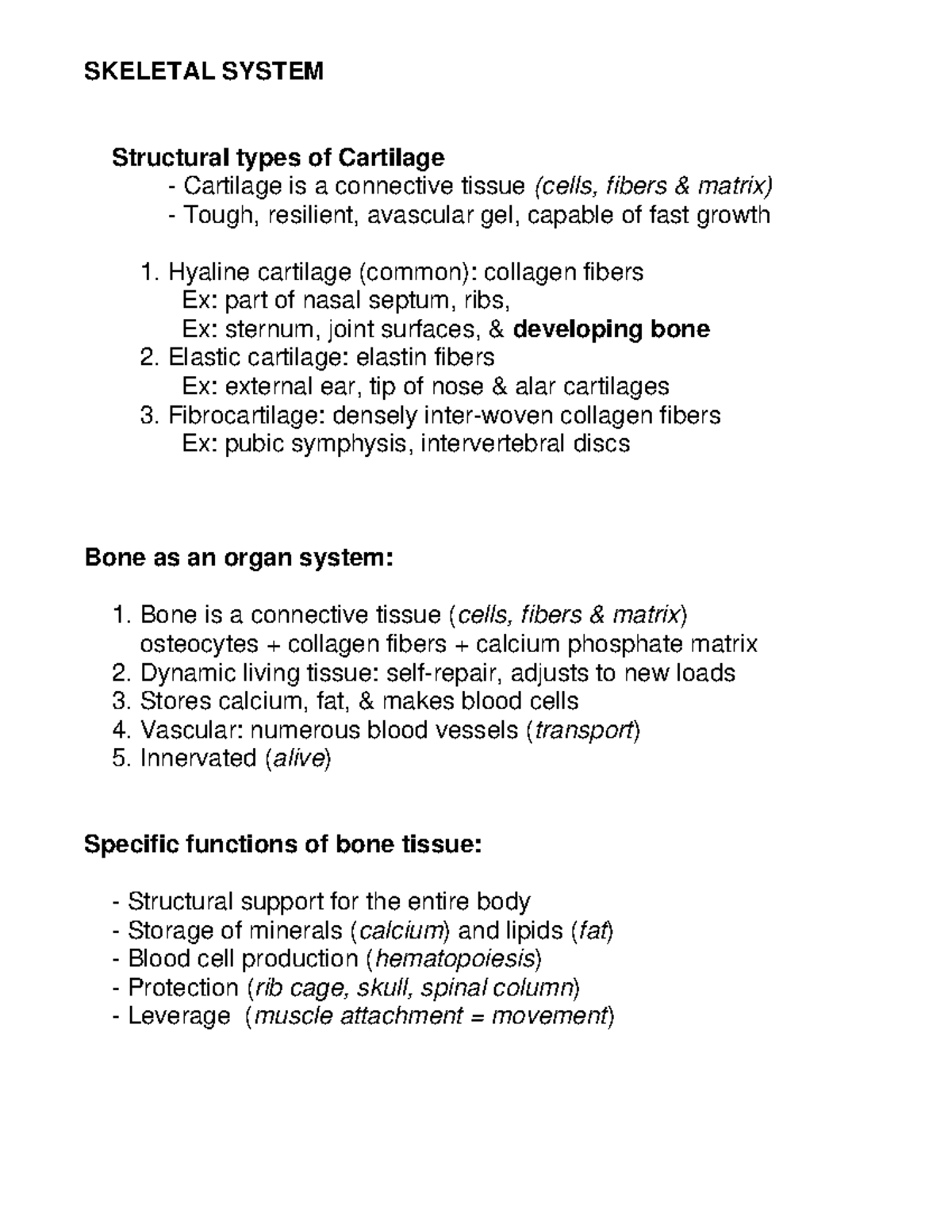 SKELETAL SYSTEM: Overview of Cartilage Types & Bone Functions - Studocu