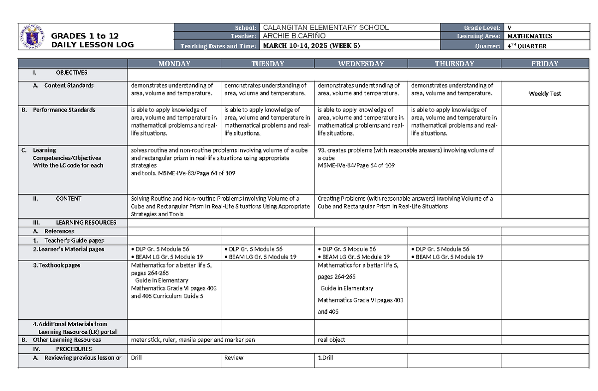 Daily lesson log for mathematics 5 - quarter 4, week 5 - Studocu