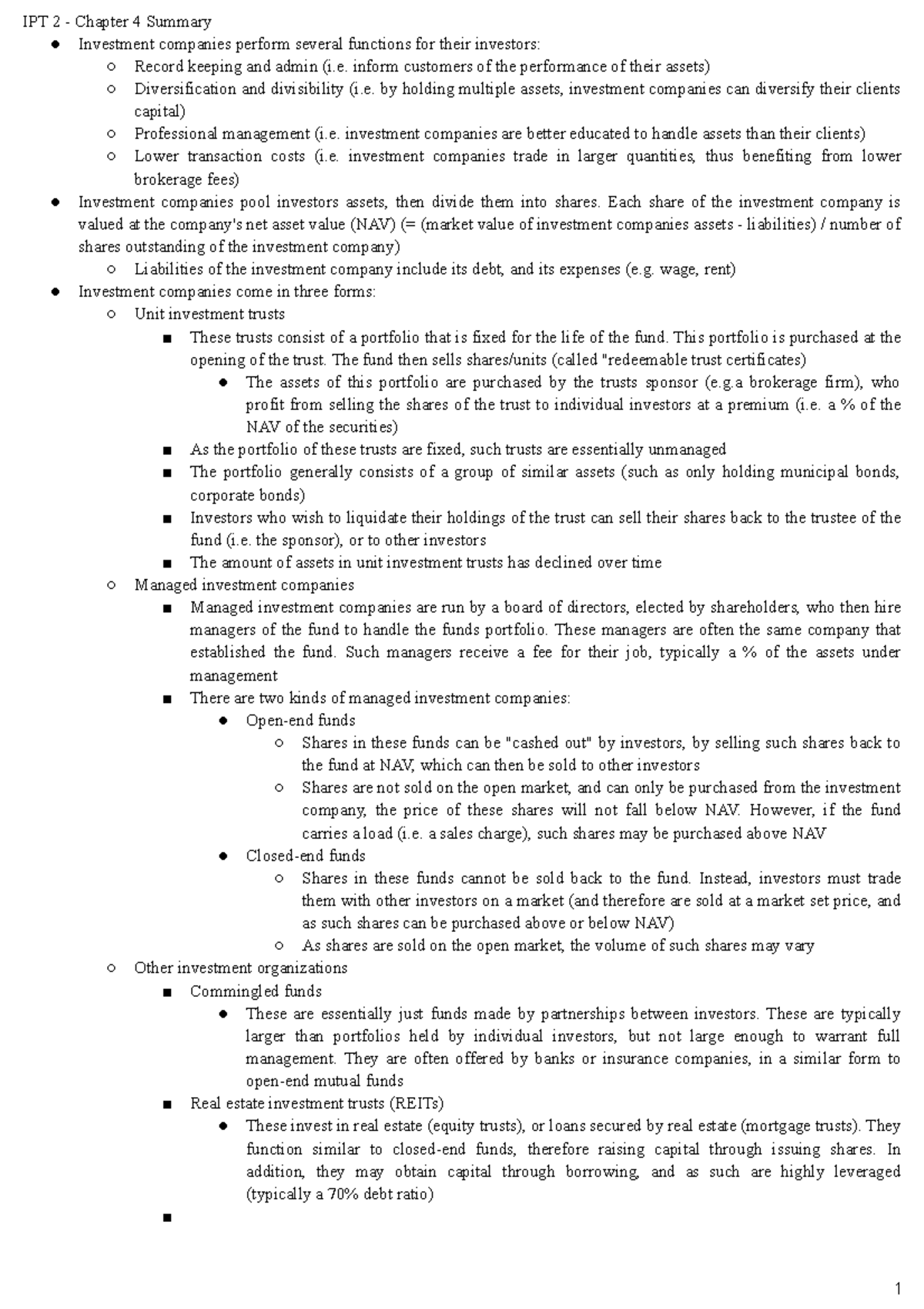 Chapter 4 - IPT2 - IPT 2 - Chapter 4 Summary Investment companies ...