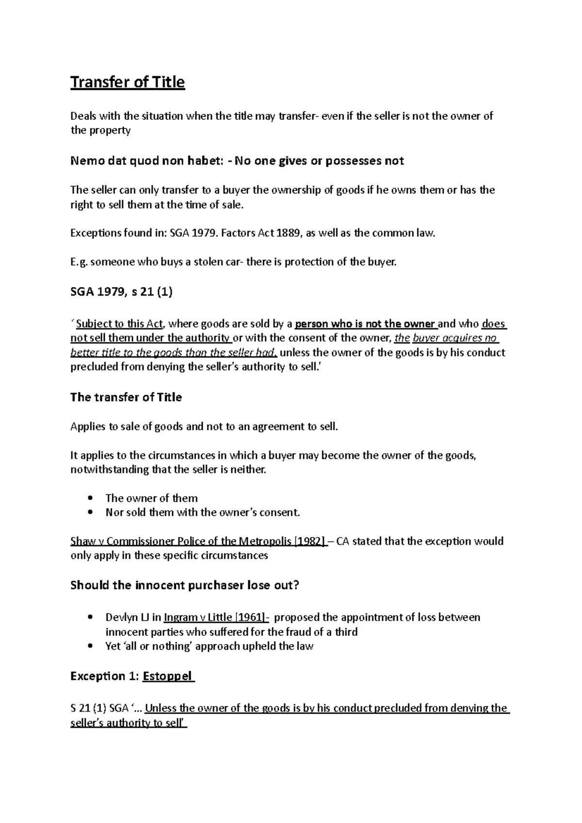 LAW301 - Transfer of Title: Understanding Ownership and Exceptions ...