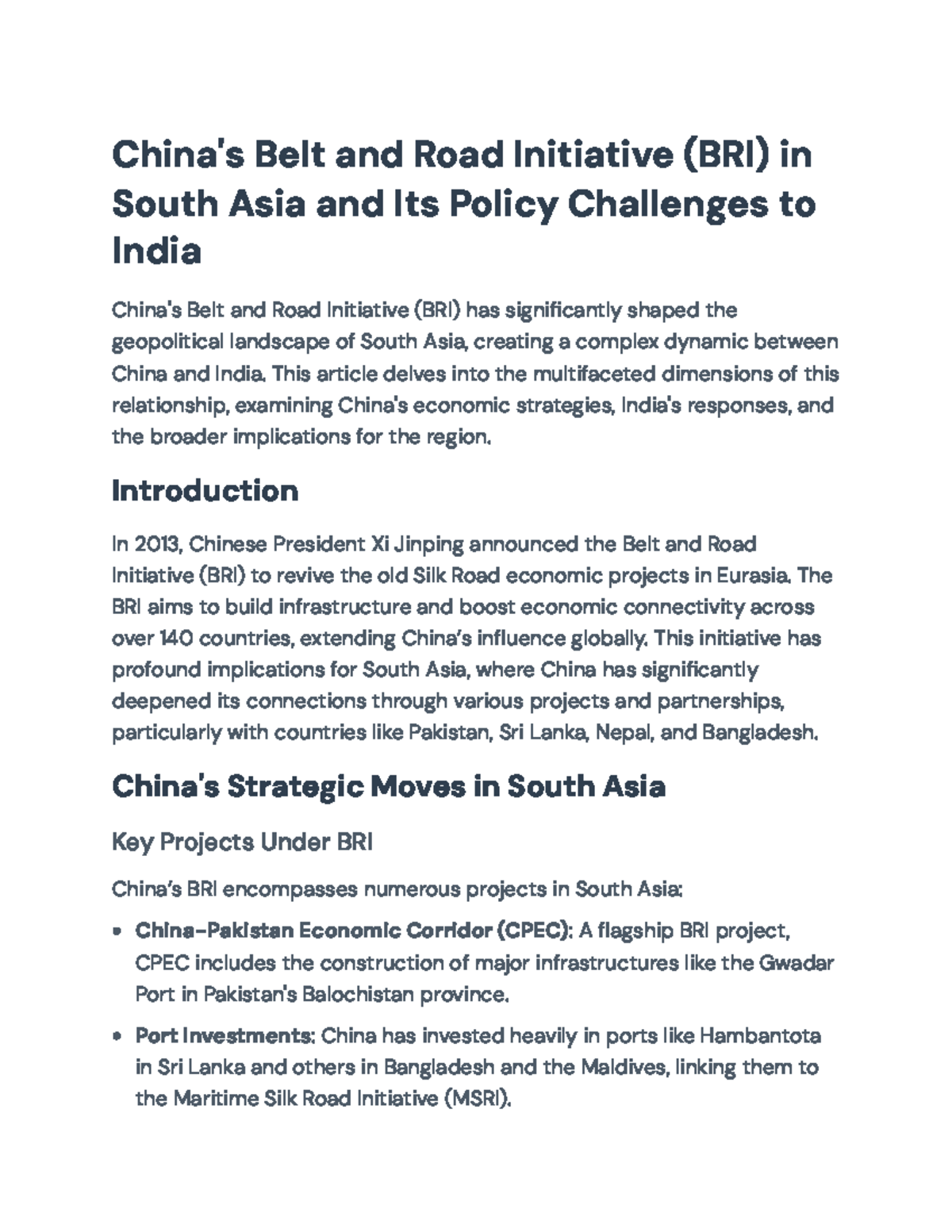 China's BRI in South Asia: Policy Challenges for India Analysis - Studocu