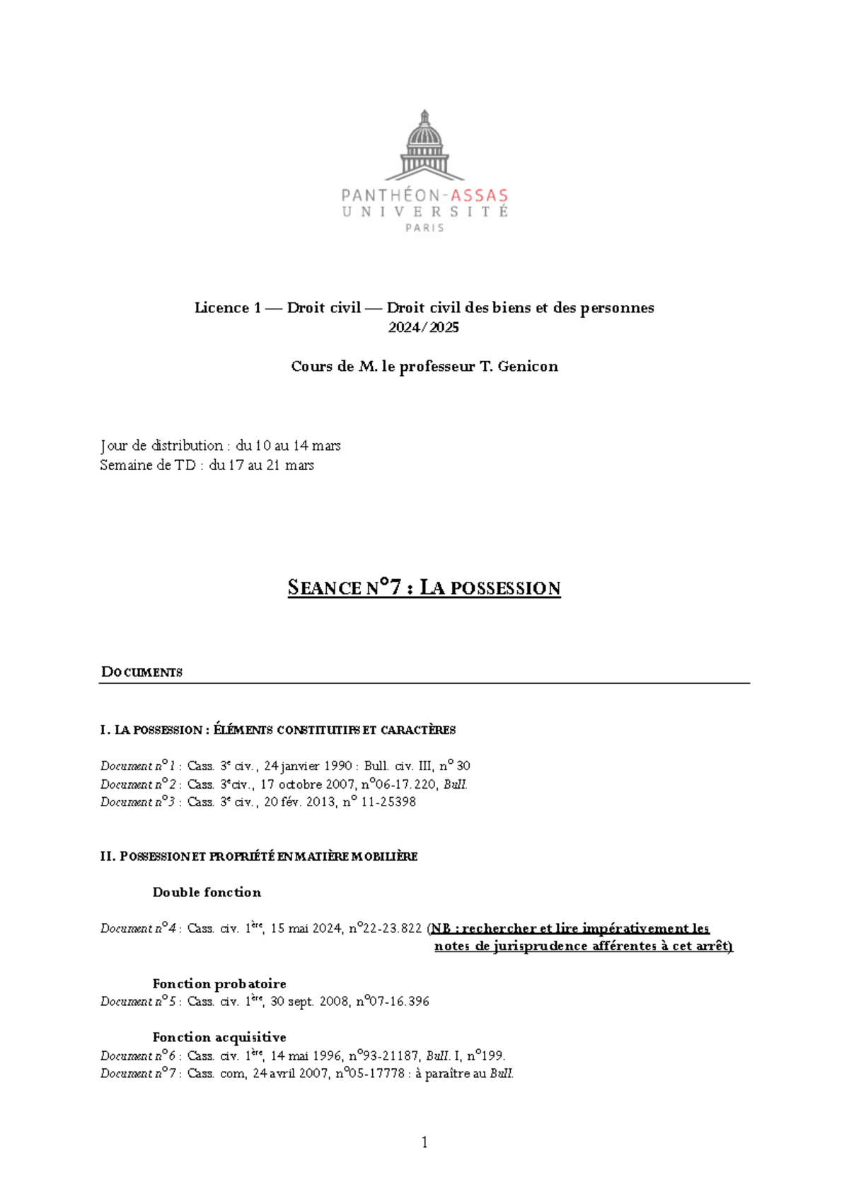 FIche TD L1 Personnes et Biens n°7 20242025 - Licence 1 — Droit civil ...