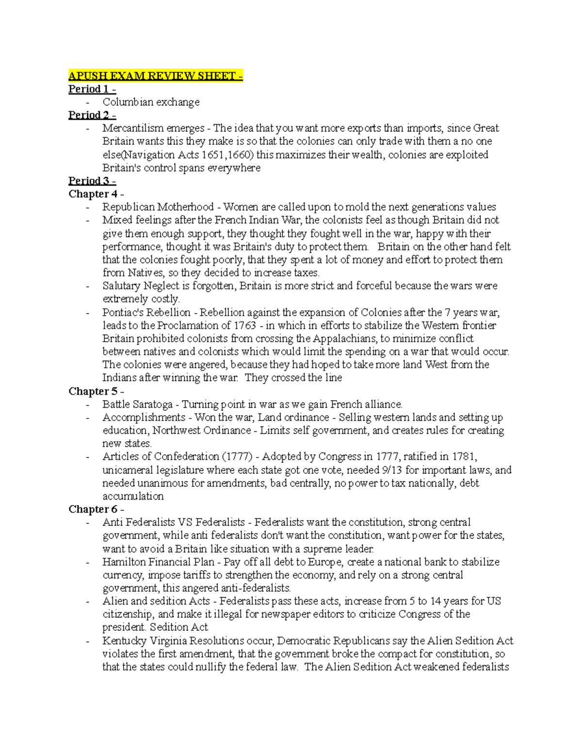 APUSH EXAM Review Sheet: Key Concepts & Events from All Periods - Studocu