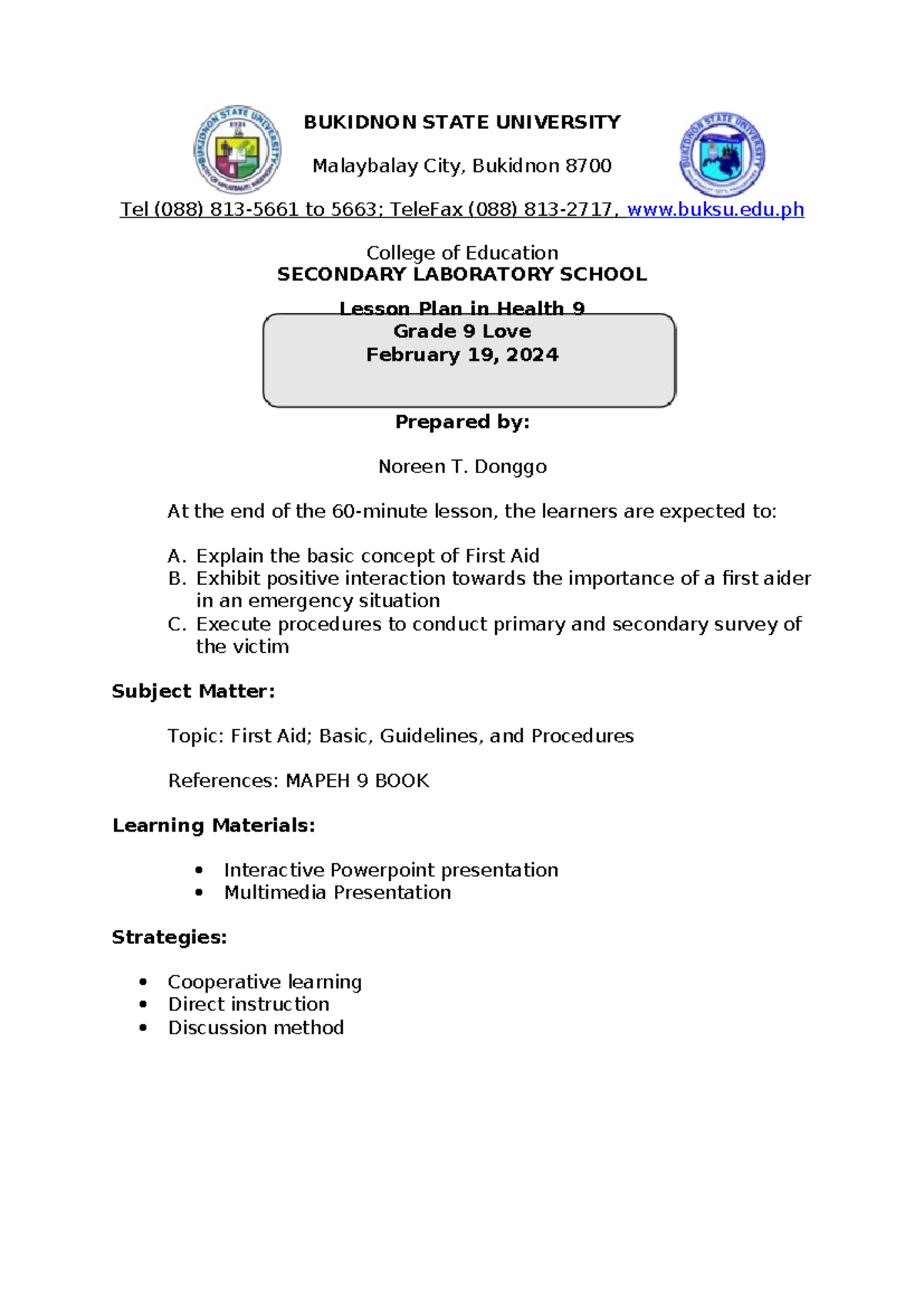 Health 9 Lesson Plan: First Aid Basics (G9) - Studocu