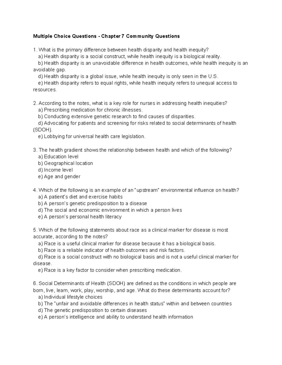 Ch 7 - Multiple Choice Questions on Community Health Issues - Studocu