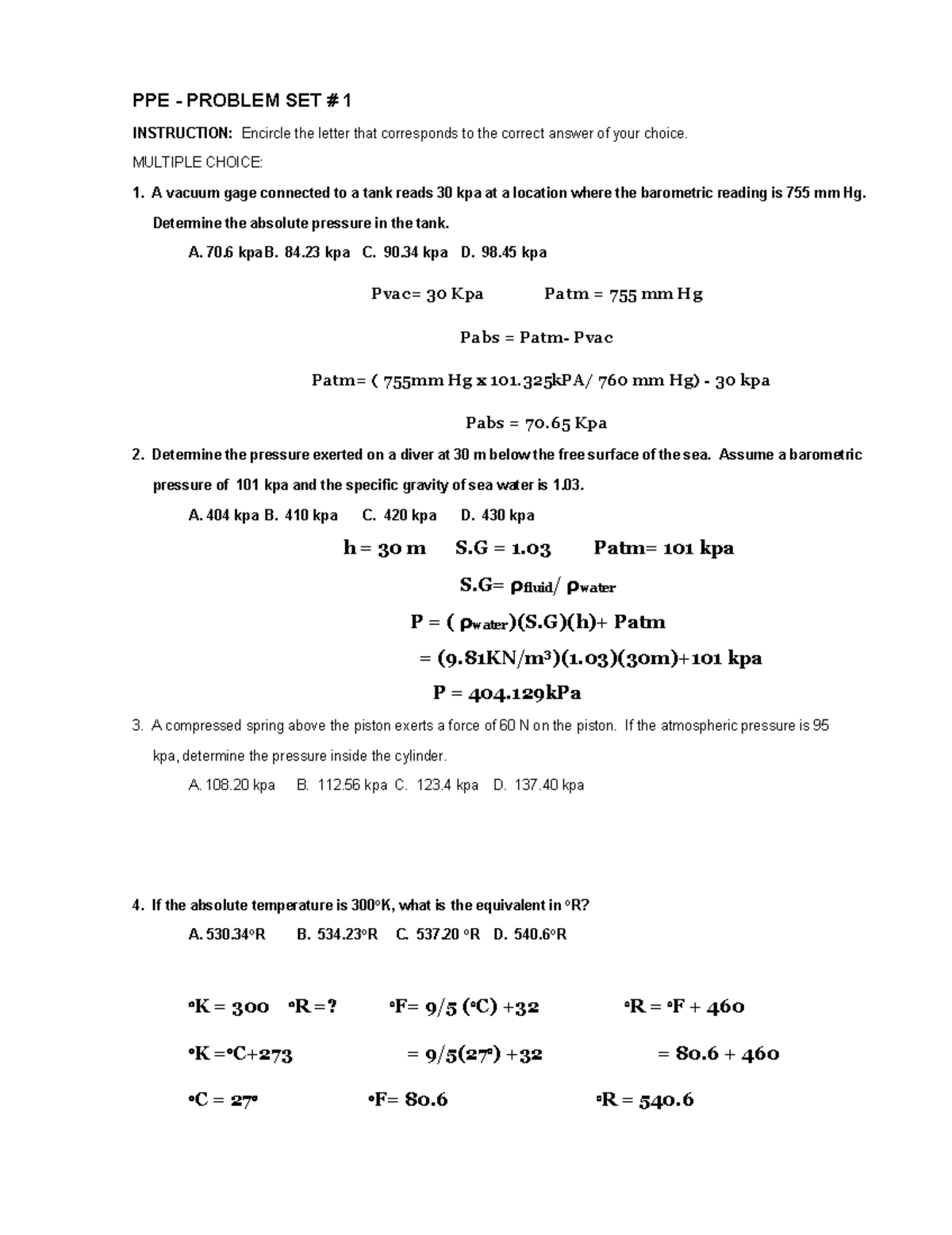 PPE Problem Set 1: Pressure and Thermodynamics Questions - Studocu