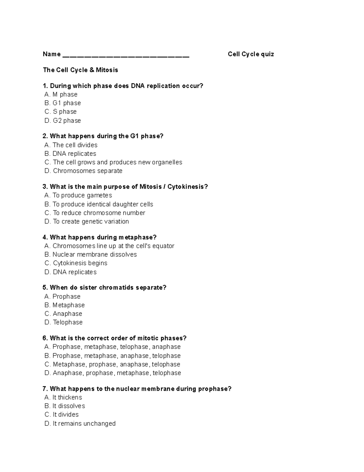 Cell Cycle Quiz 25 - Key Concepts & Questions on Mitosis - Studocu