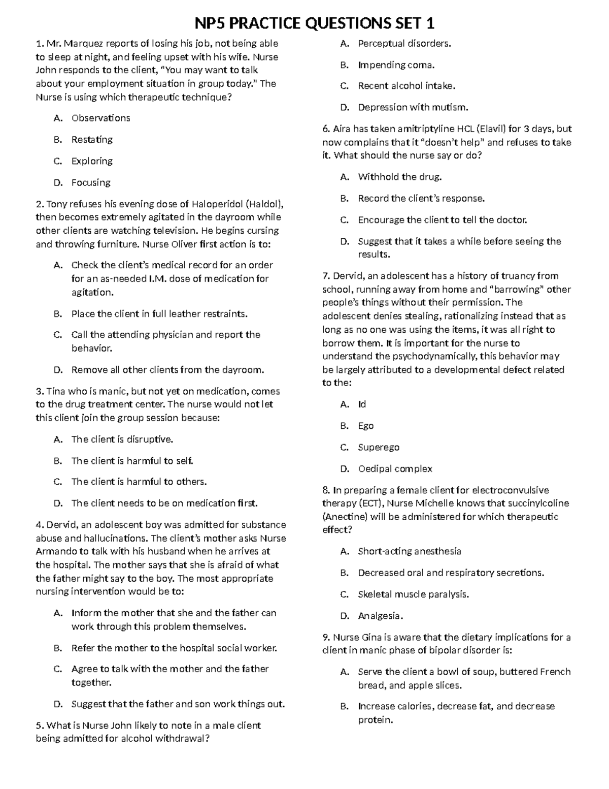 NP5 PRACTICE QUESTIONS: THERAPEUTIC TECHNIQUES & NURSING INTERVENTIONS - Studocu