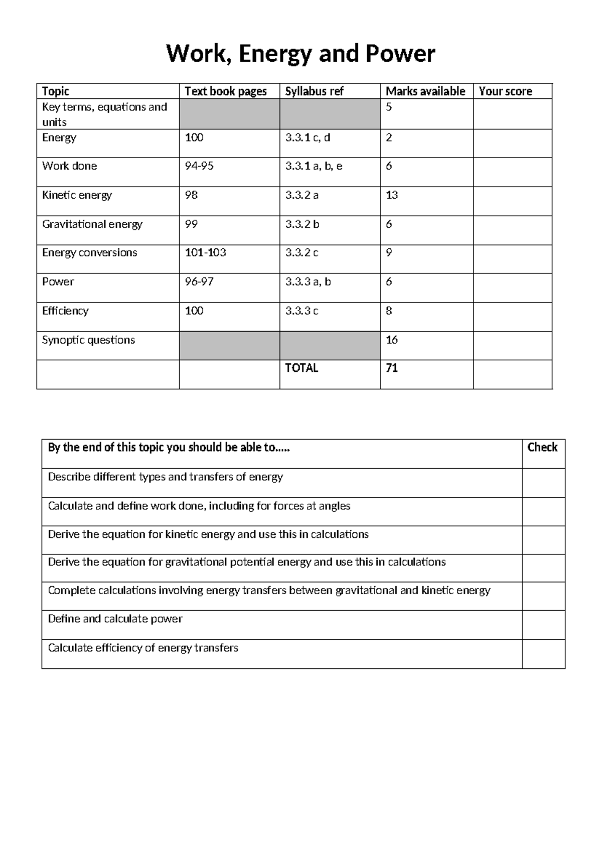 3.3 Work, Energy and Power Topic Booklet: Key Terms & Equations - Studocu