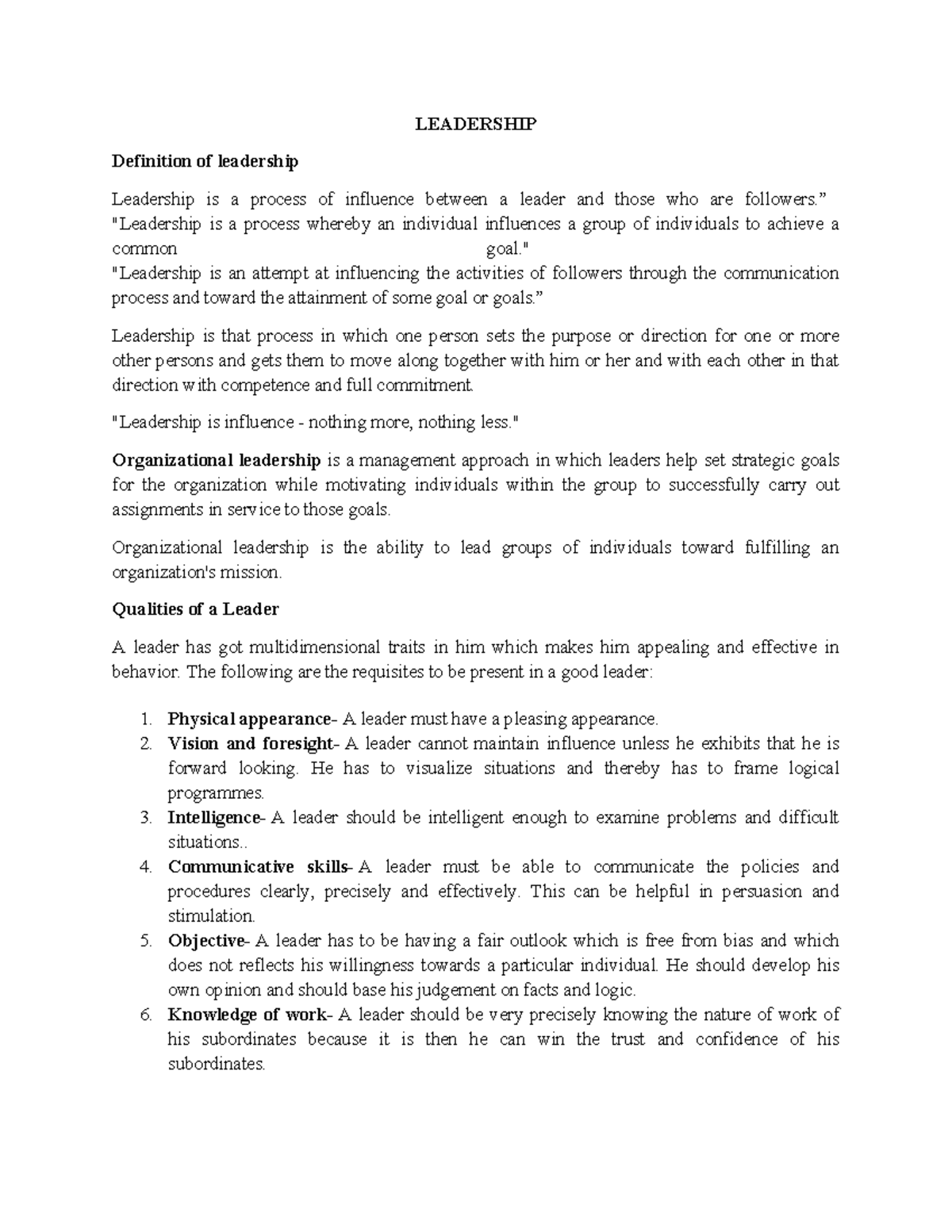 Leadership - Lecture Notes on Definitions, Theories, and Styles - Studocu