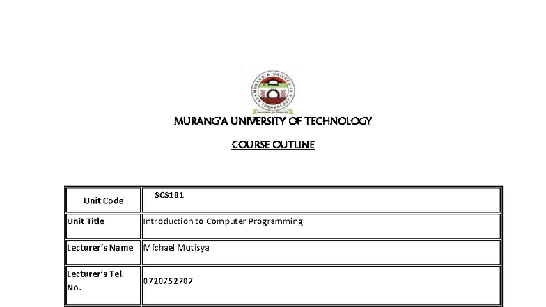 SCS101 - Course Outline: Intro to Computer Programming 2025 - Studocu