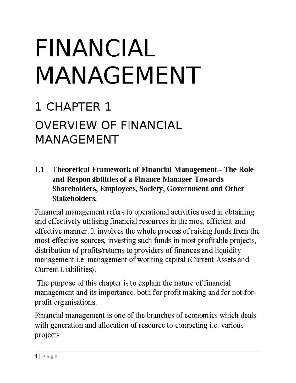 FINANCIAL MANAGEMENT 1 CHAPTER 1: OVERVIEW AND THEORETICAL FRAMEWORK ...